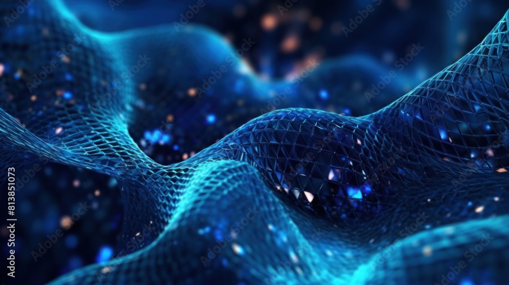 Three-dimensional waves made of geometric grid. The structure shimmers ...