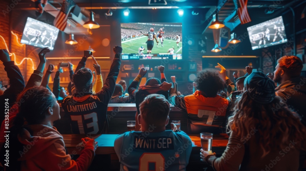 Hundreds of American football fans cheering and supporting their team ...