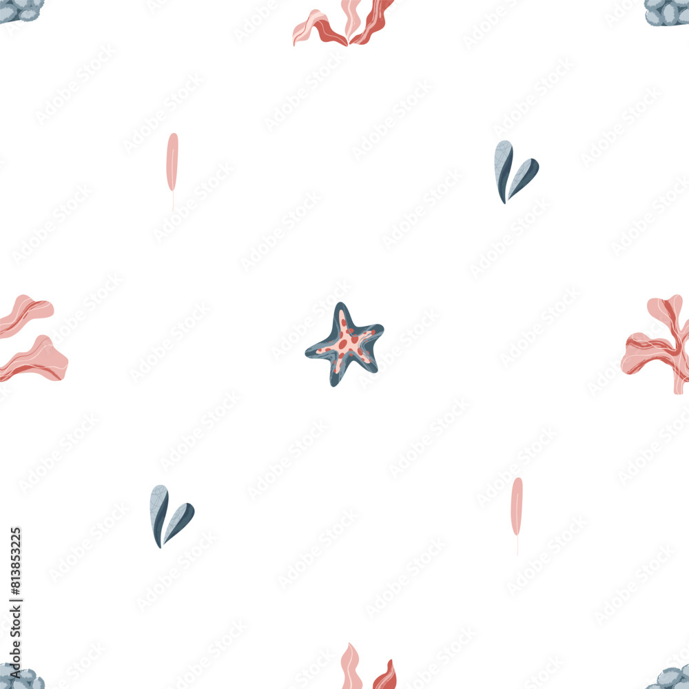 Sea plants, seaweed, leaves, starfish, flowers, sea. Seamless pattern ...