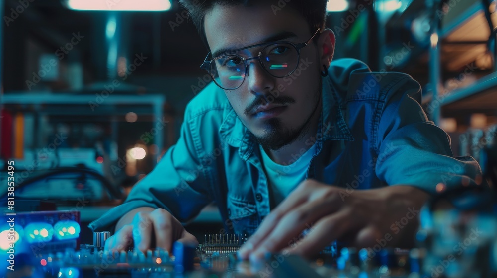 The image shows a young Hispanic industrial engineer designing a ...