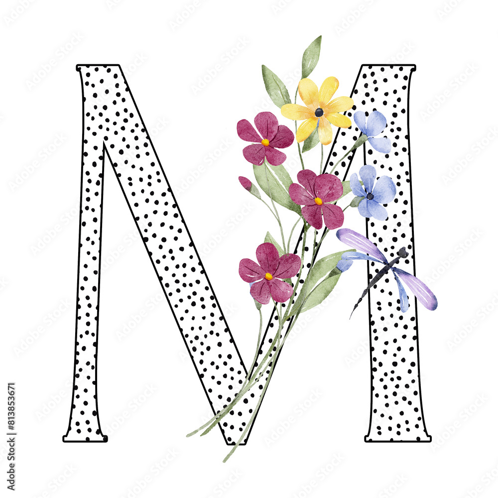 Letter M, floral monogram with watercolor wild flowers and leaf ...
