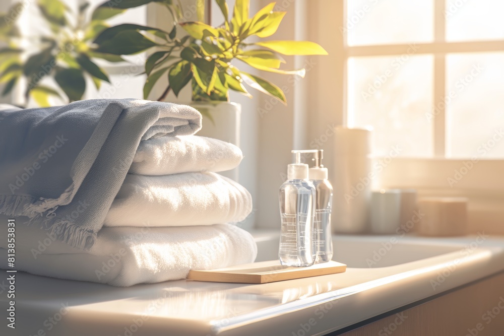 Freshly Laundered Towels and Detergent Pod in Clean Laundry Setup Stock ...