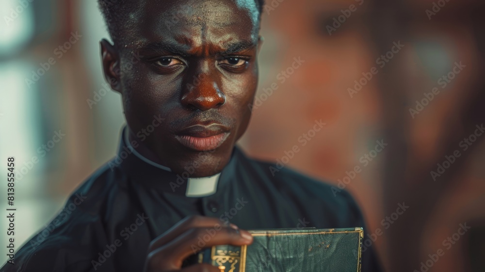 In this portrait, a young black priest holds the Holy Bible in his hand ...