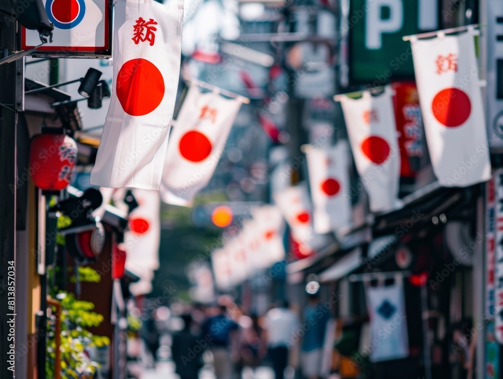 The essence of Japan captured in fluttering national flags along a ...
