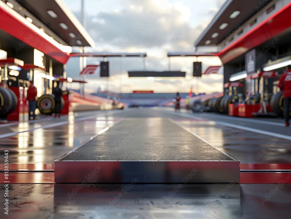 Blank steel podium mockup on a race track pit stop, surrounded by car ...