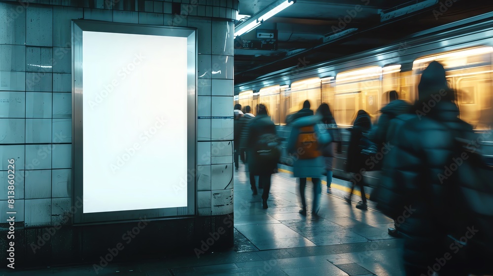 Blank event poster mockup on a crowded subway station wall, with ...