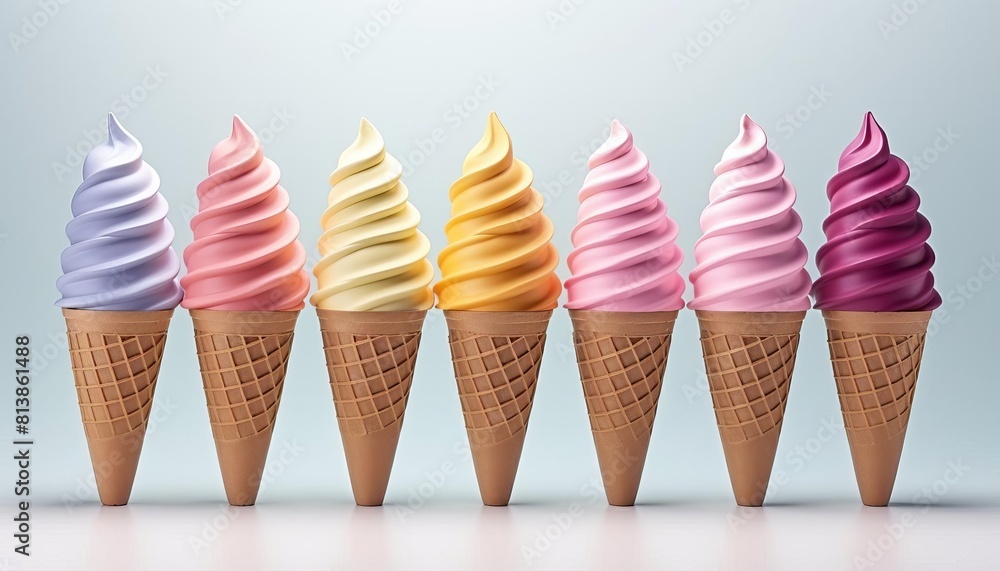 Ice cream cones assortment, flat design, side view, sweet treats theme ...