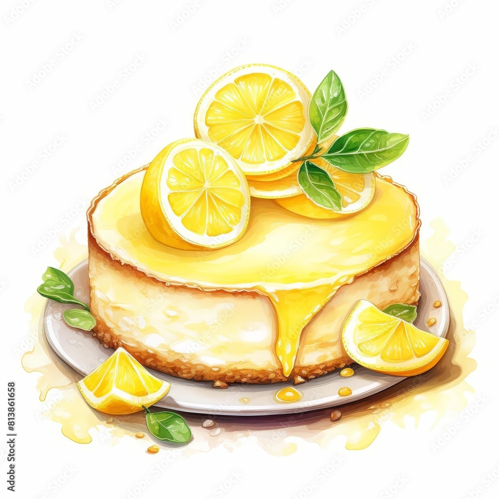 watercolor illustration of a lemon cheesecake with lemon zest garnish ...