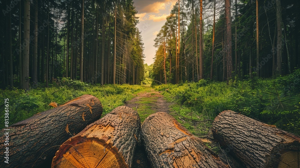 Deforestation, half cut tree trunk among forest logs, nature pollution ...