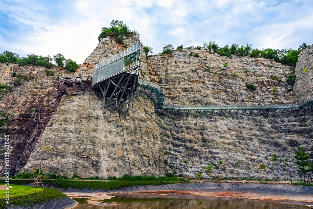 Beautiful view of build structure skywalk bridge on cliff mountain in ...