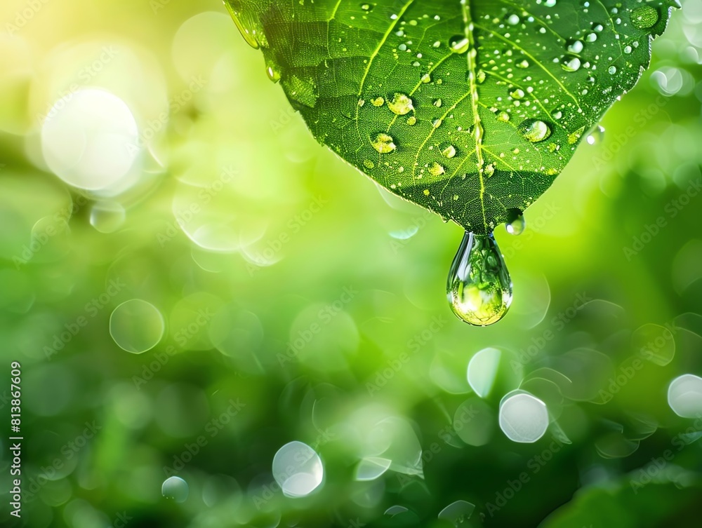 Zoom in on a single raindrop clinging to a verdant leaf, reflecting the ...