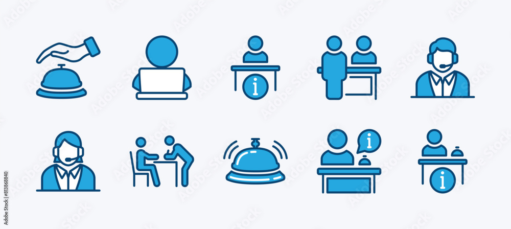 Set of reception desk icon. Containing receptionist, hotel bell ...
