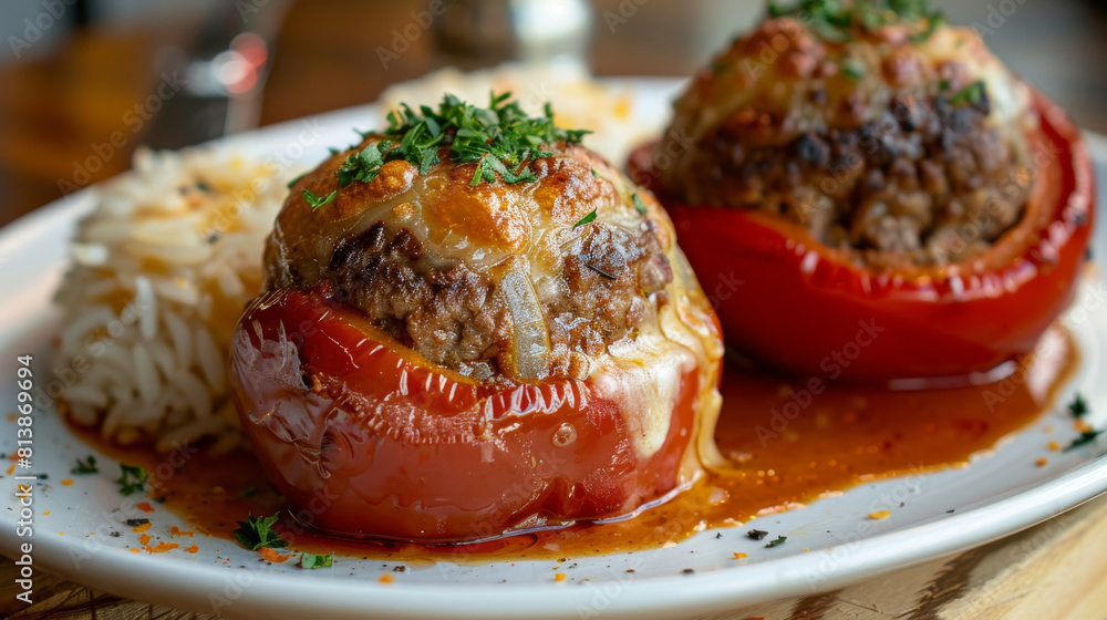 Peruvian stuffed peppers with savory meat and melted cheese, served ...