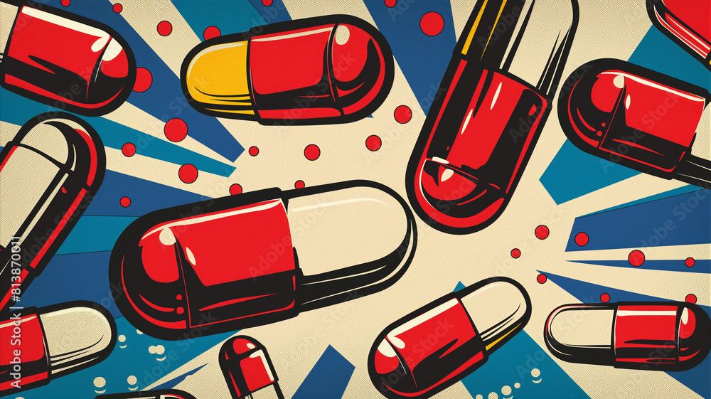 Pop art comic medicine pills and supplement capsules poster. Colorful ...