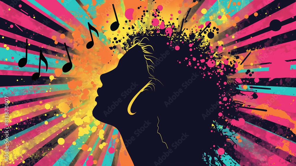 Pop art comic female head silhouette with music notes poster. Colorful ...