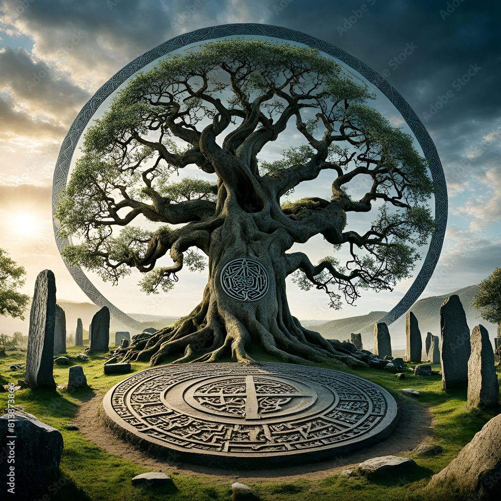 A mystical, ancient tree with sprawling roots and branches reaching ...