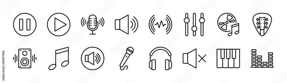 Music and sound thin line icon set. Containing play and pause button ...