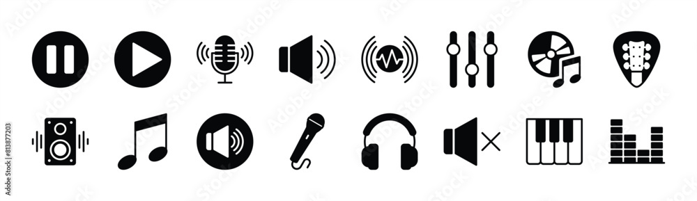 Music and sound icon set. Containing play and pause button, microphone ...