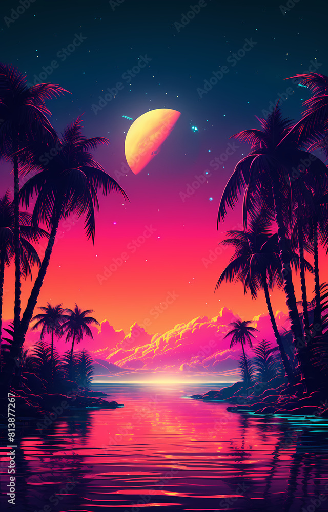 Tropical beach with palm trees at sunset background. Vivid retrowave ...