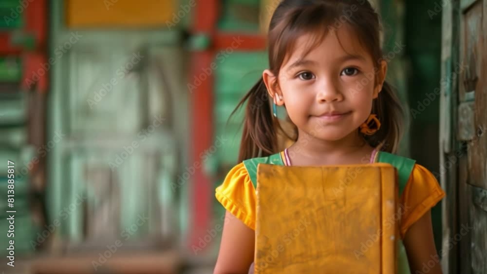 A little girl student in rural area smiling looking at camera at rural ...