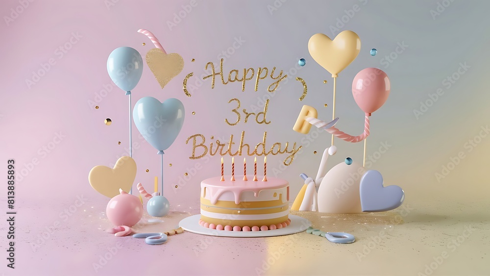 Minimalist 3D Pastel theme Happy 3rd Birthday Background With Illustration Of Cake, Balloons ...