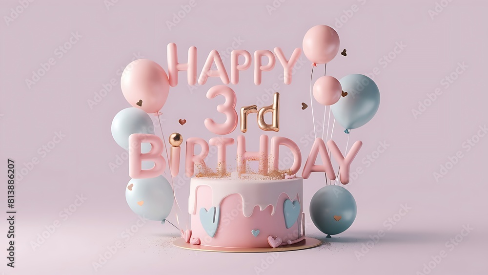Minimalist 3D Pastel theme Happy 3rd Birthday Background With ...