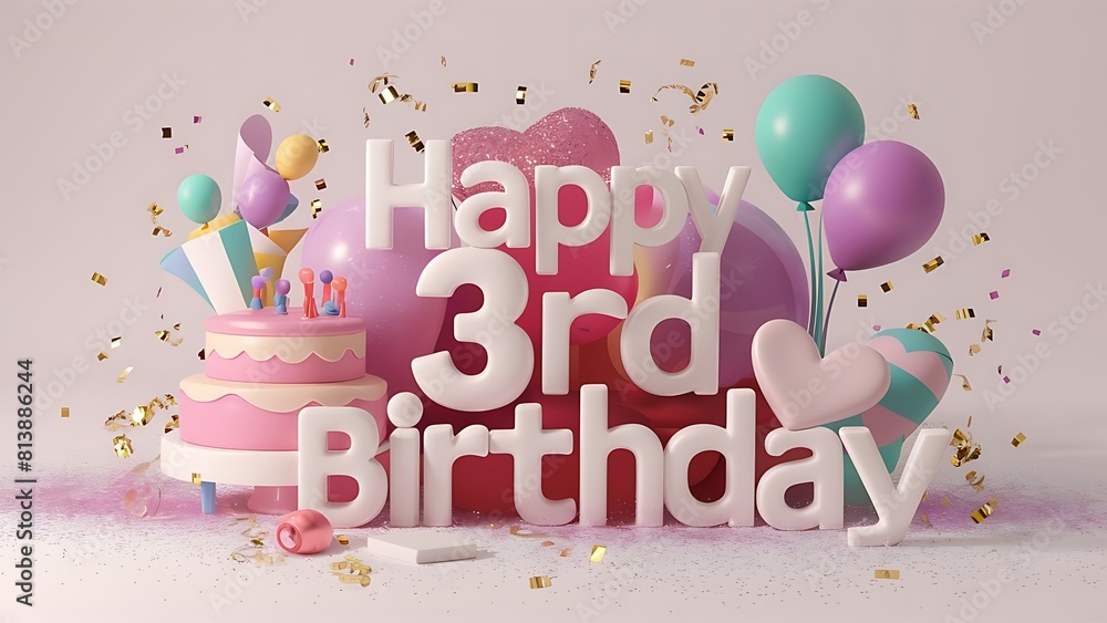 Minimalist 3D Pastel theme Happy 3rd Birthday Background With ...