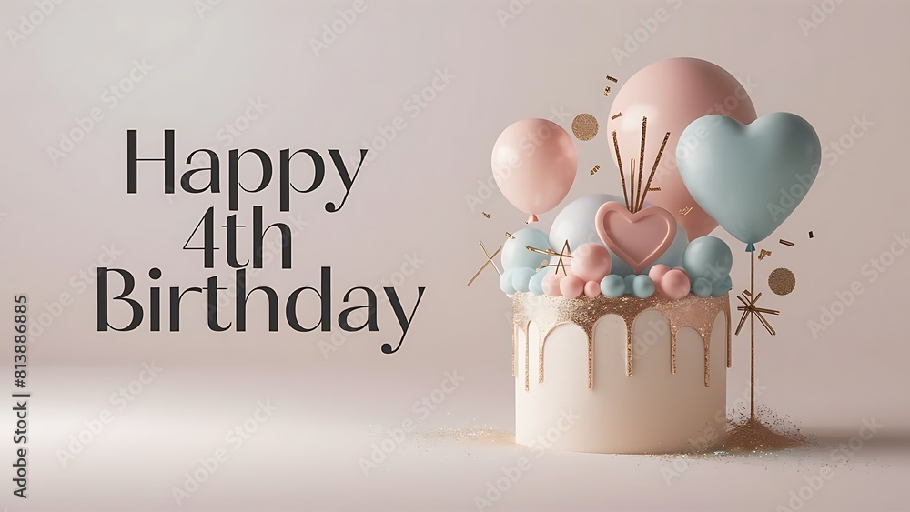 Minimalist 3D Pastel theme Happy 4th Birthday Background With ...