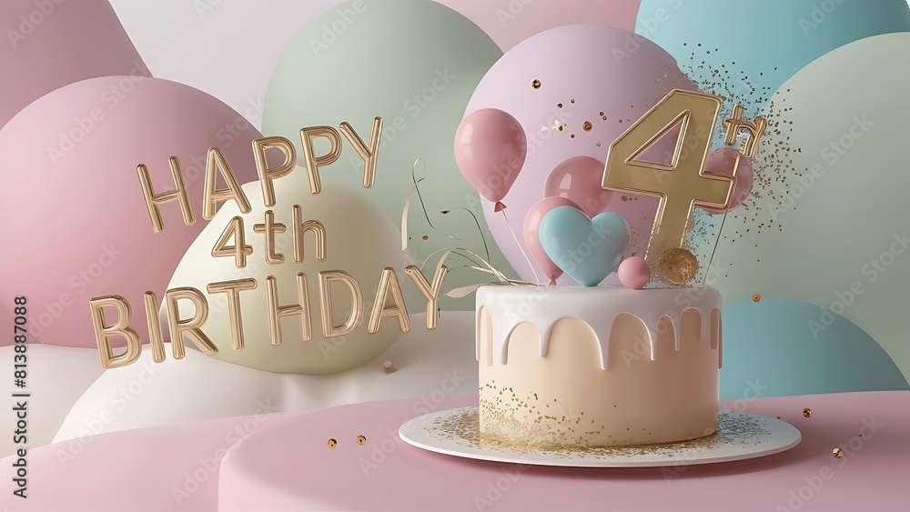 Minimalist 3D Pastel theme Happy 4th Birthday Background With ...