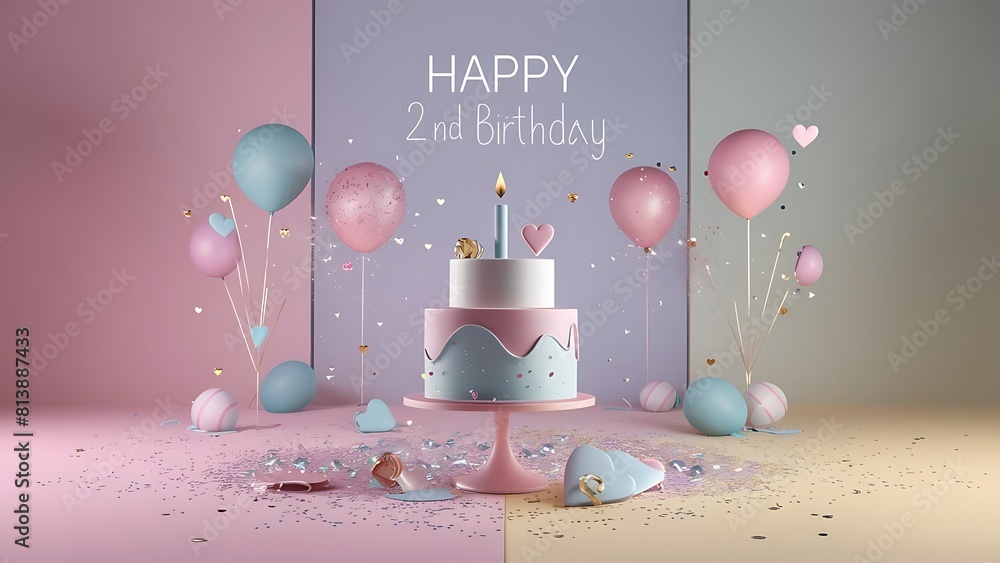 Minimalist 3D Pastel theme Happy 2nd Birthday Background With ...