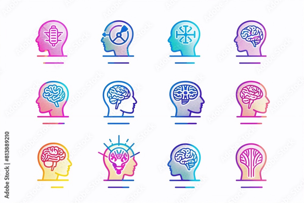 Psychology outline symbols. Neurology science. Cyber technology. Head ...