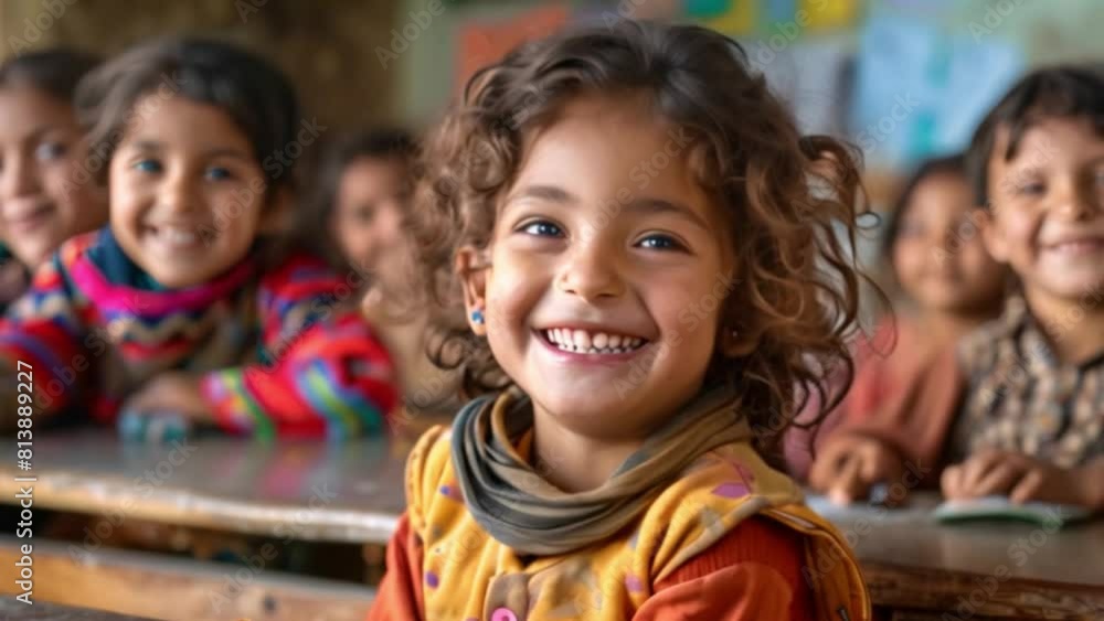 A little girl student in rural area smiling looking at camera at rural ...