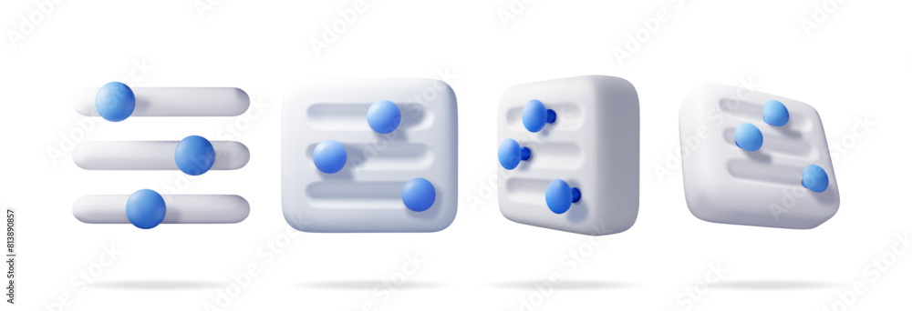 3D set of filter button icon. Render collection of settings slider ...