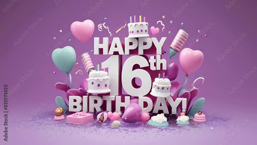 Minimalist 3D Pastel theme Happy 16th Birthday Background With ...