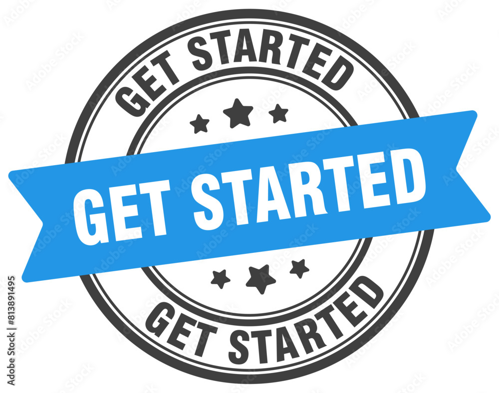 get started stamp. get started label on transparent background. round ...