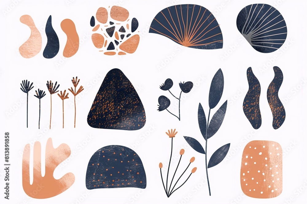 Set of hand drawn shapes in terracotta, navy blue and blush pink colors ...