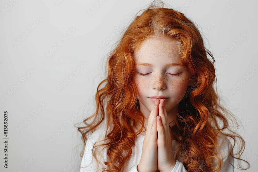 Cute little girl praying on white bright solid background. Portrait ...