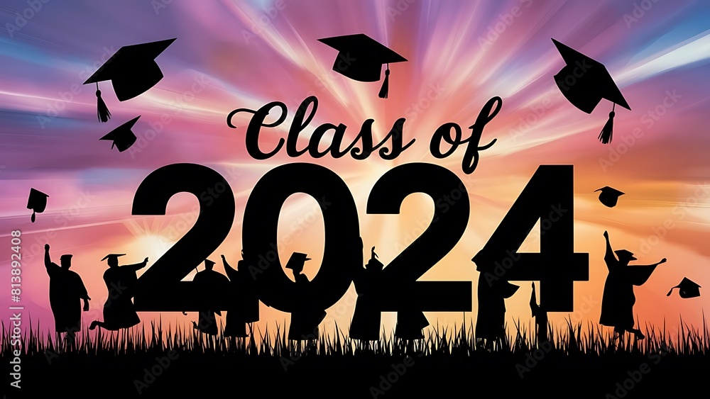 Class Of 2024 , Graduates Silhouette Throwing Cap In The Air, Class Of ...