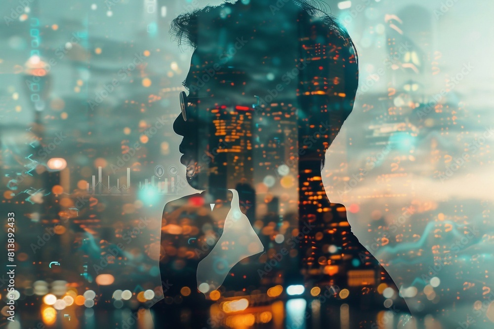 The double exposure image of the businessman thinking overlay with ...