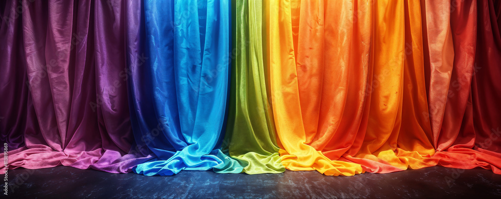 Dramatic rainbow colored crushed velvet curtains draping to the ground ...