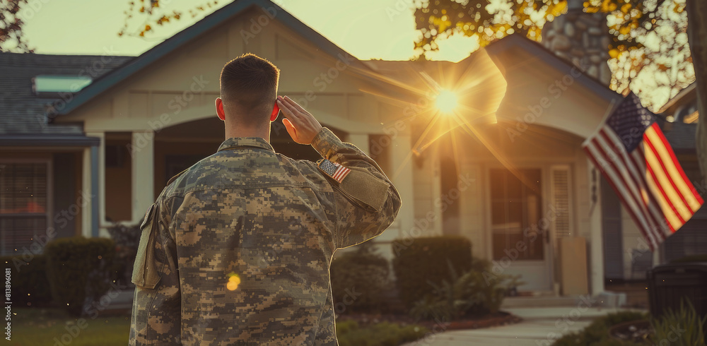 male in military uniform saluting standing outside of a house with an ...