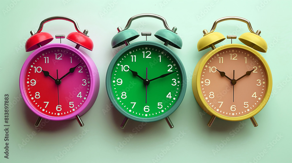 Retro classic alarm clocks, with two bells on top, a handle, and a ...