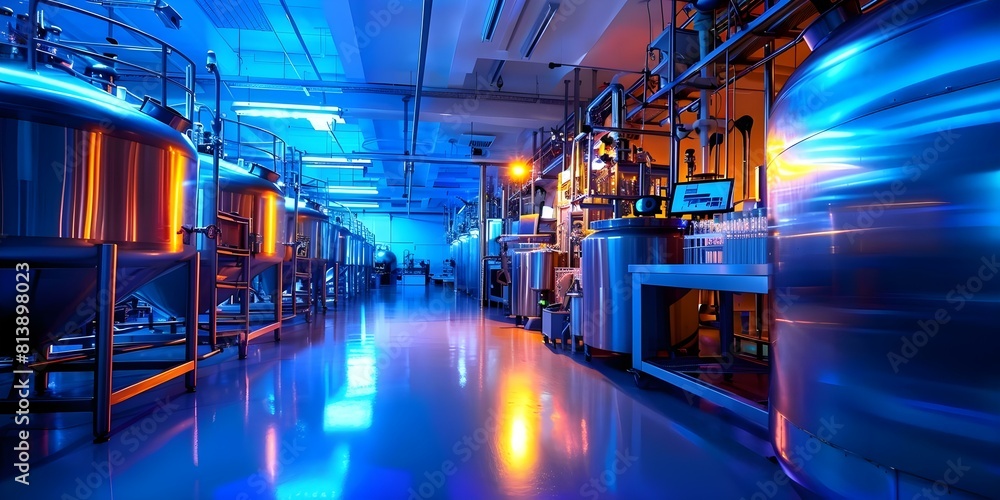 Brightly lit biopharmaceutical factory with metal tanks lab equipment ...