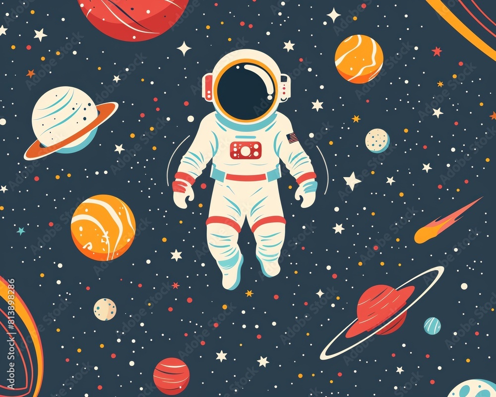 Space exploration flat design top view adventure theme cartoon drawing ...