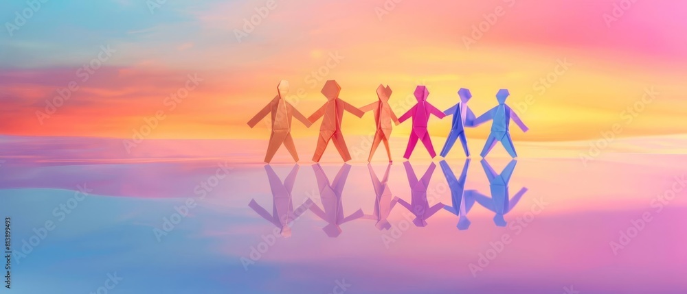 An artistic take on teamwork with paper men linked together over a ...