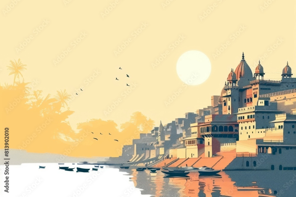 Minimalist of Iconic Varanasi Ghats Along the Sacred Ganges River at ...