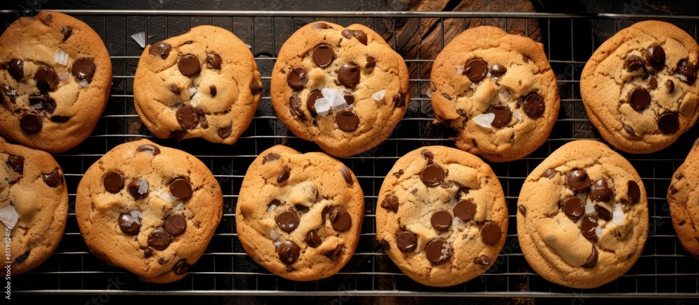 Crunchy double chocolate chip cookies are shown from an overhead ...