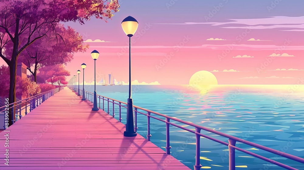 Boardwalk in flat design side view seaside stroll theme animation ...