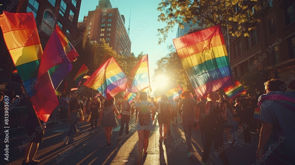 Rainbow flags at a pride parade, joyous LGBTQ+ families celebrating ...