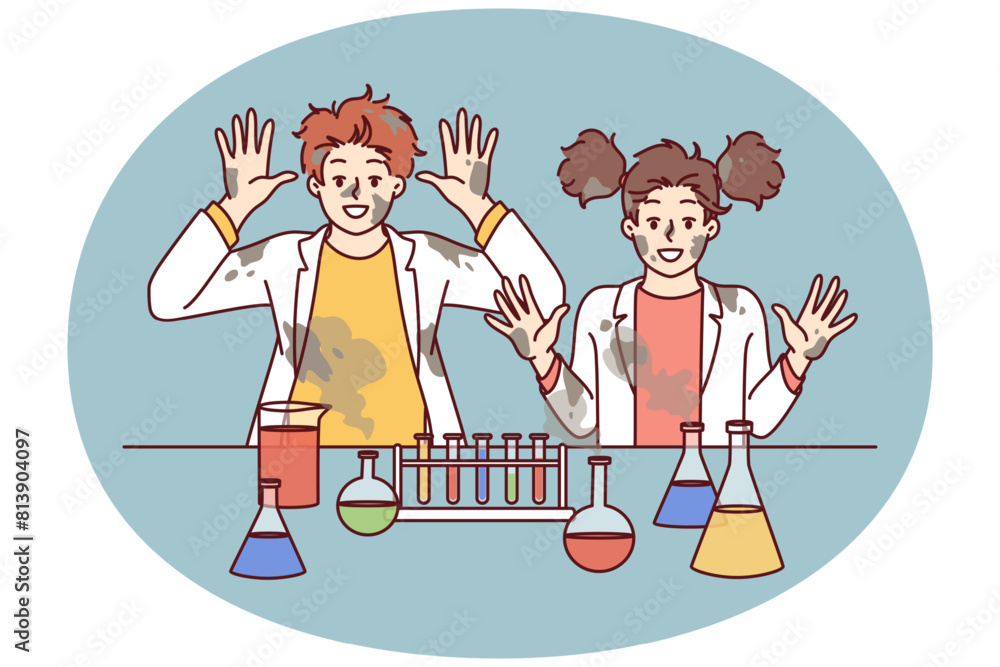 Funny children in laboratory raise hands after unexpected reaction when ...